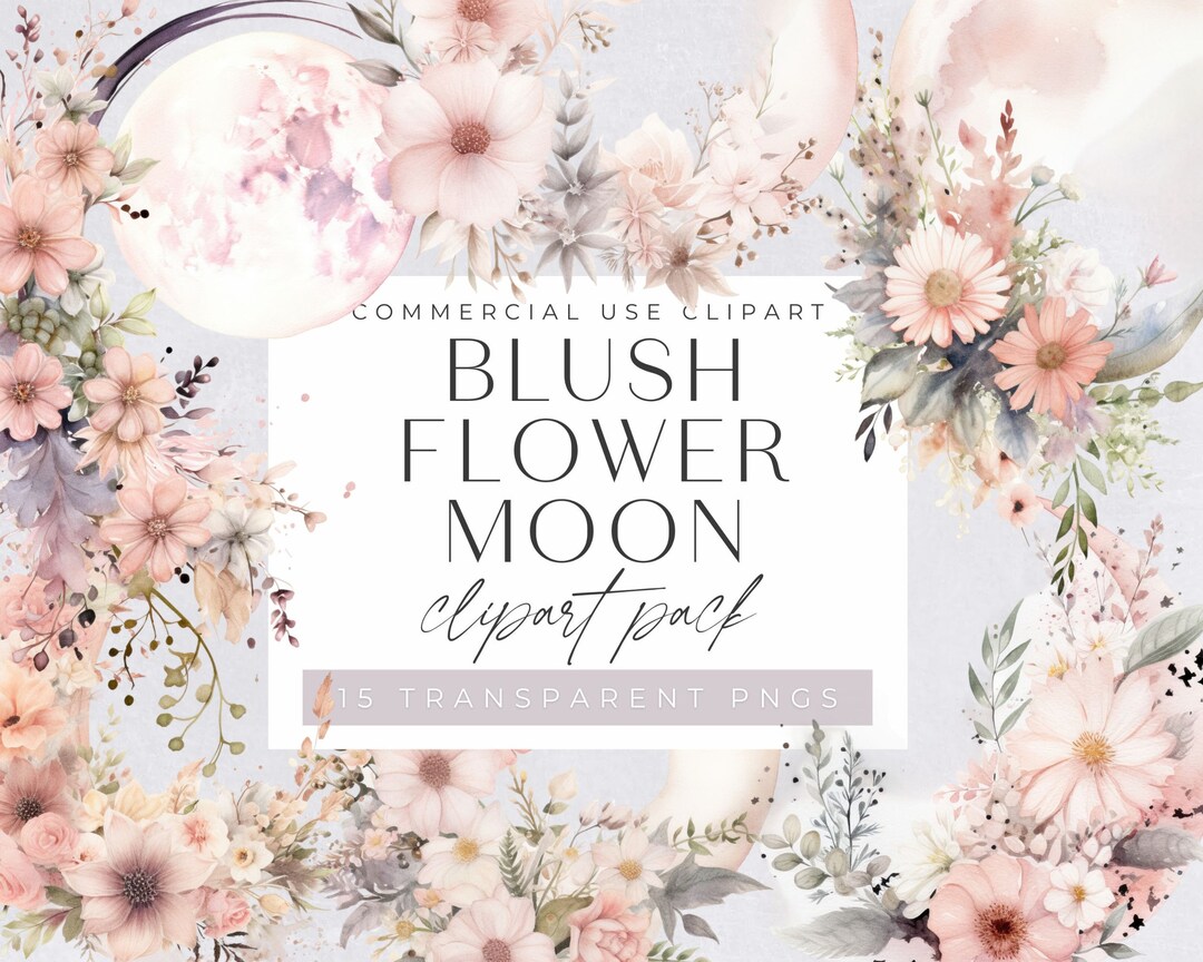 Floral Moons Watercolor Clipart, Blush Pink Flowers, Crescent Moons ...