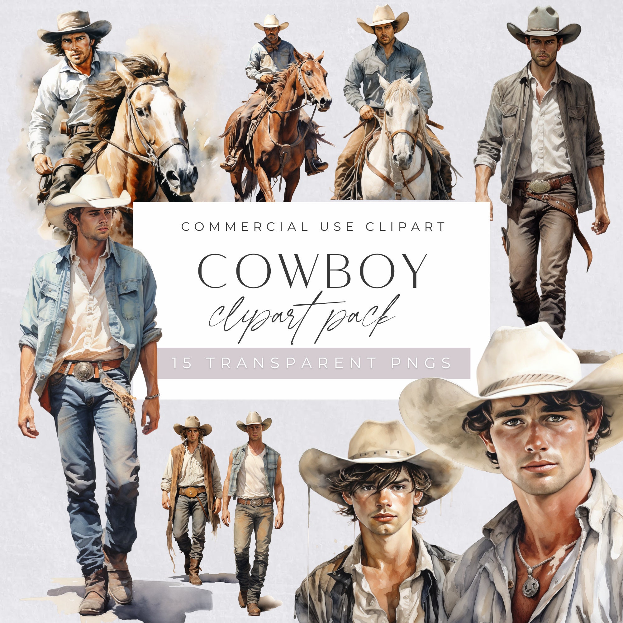 Cowboys Clipart, Watercolor Western Ranch Cowboys Riding Horse Clip Art ...