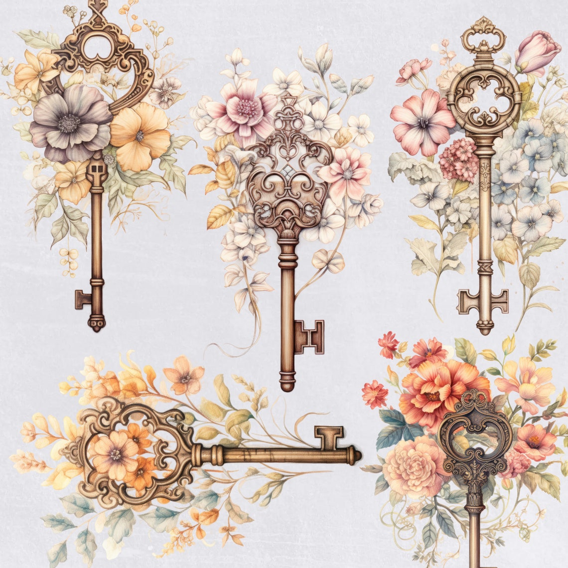 Skeleton Keys Clipart, Floral House Key Clip Art, Watercolor Vintage ...