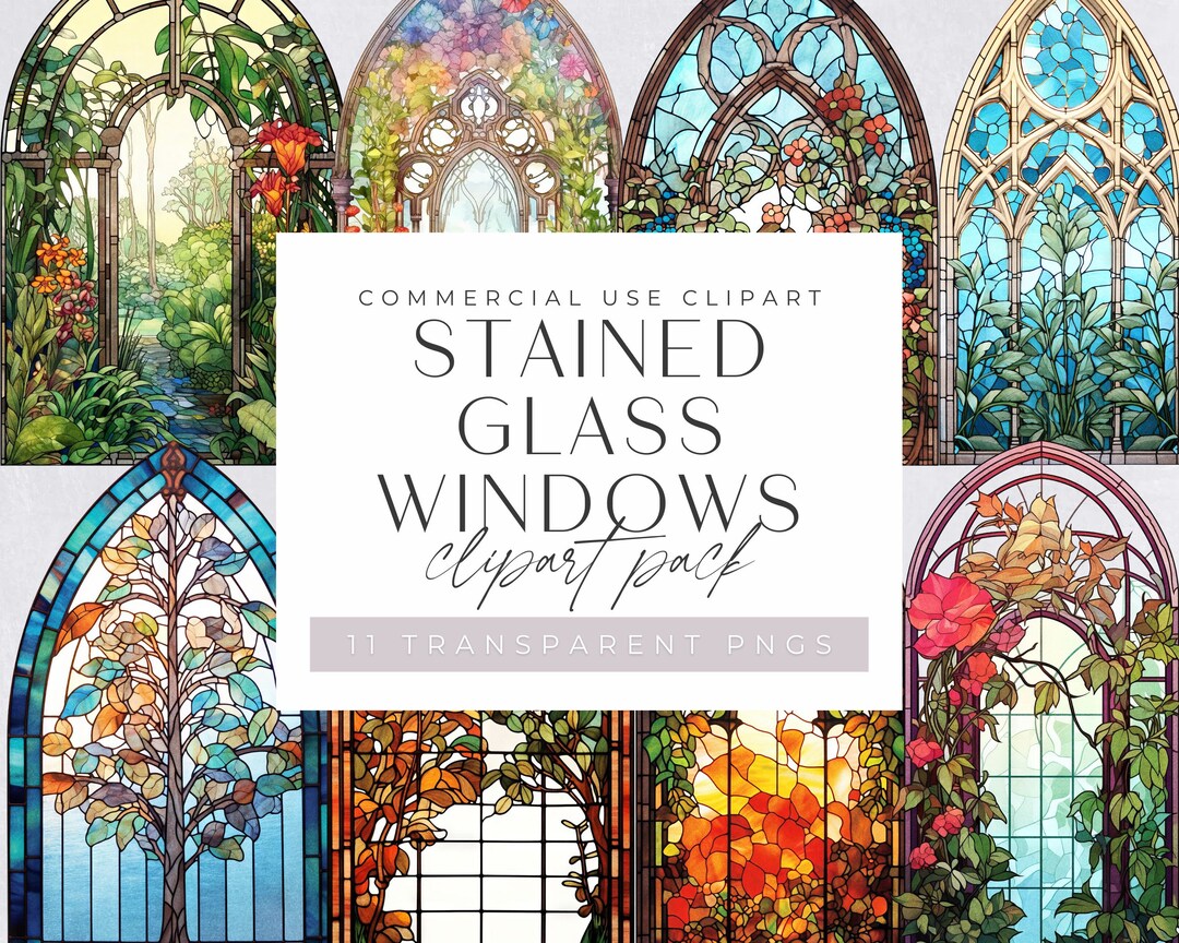 Stained Glass Windows Clipart, Colourful Vintage Window With Flowers ...