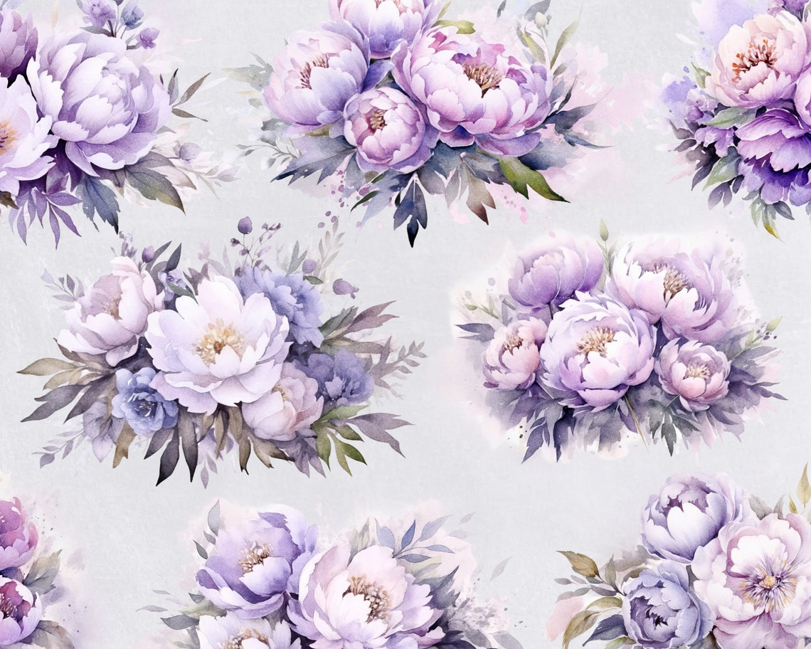 Purple Floral Clipart, Lilac and Lavender Watercolor Flowers ...