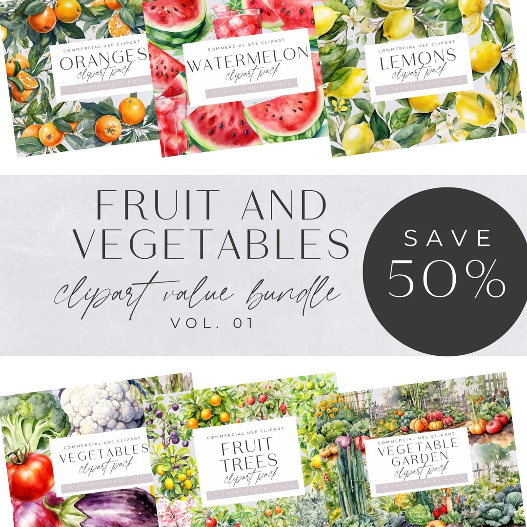 Fruit and Vegetables Clipart Bundle, Watercolor Veggie Garden Clip Art ...
