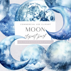 Over the Moon Clipart, Blue Watercolor Full & Half Moon Clip Art, Boy ...