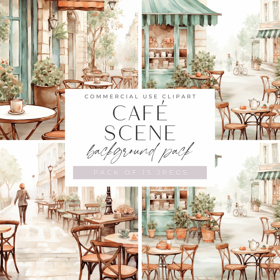Cafe Scene Watercolor JPEGS, Shopfronts Clipart, Vintage Coffee Shop ...