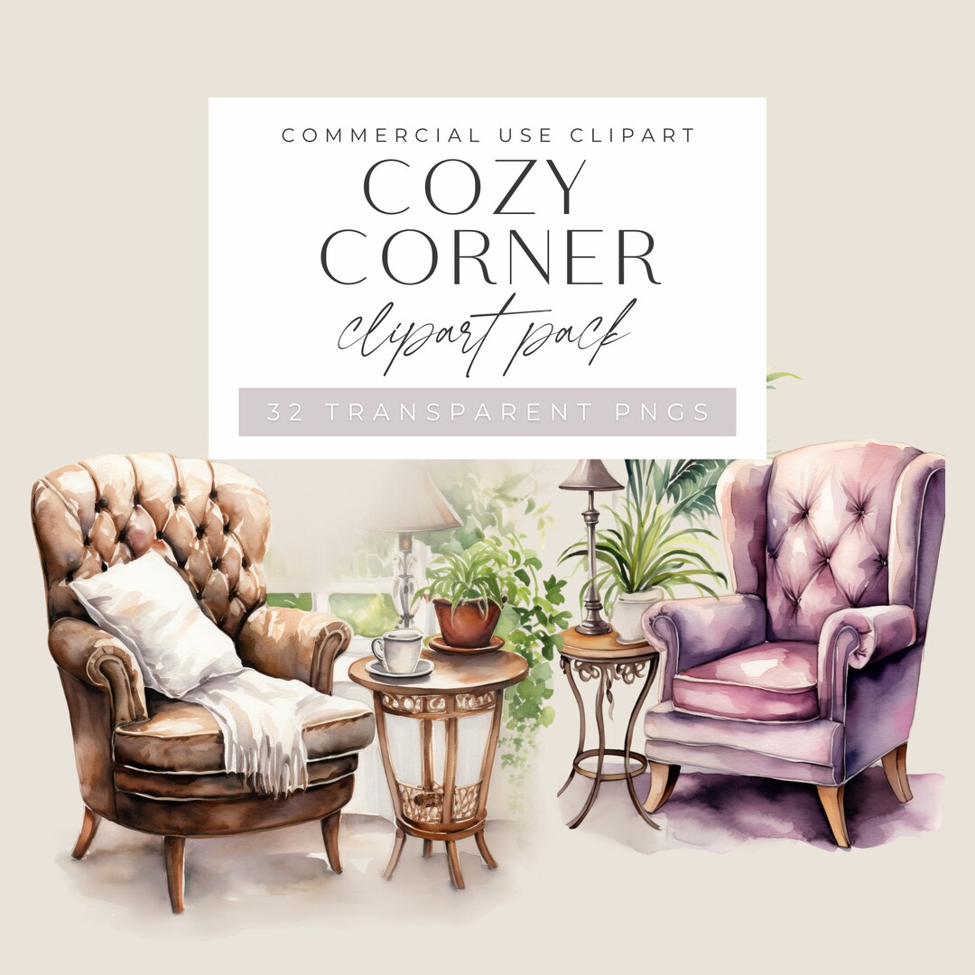 Cozy Reading Corner Clipart, Book Nook, Shelf & Chair, Home Library ...