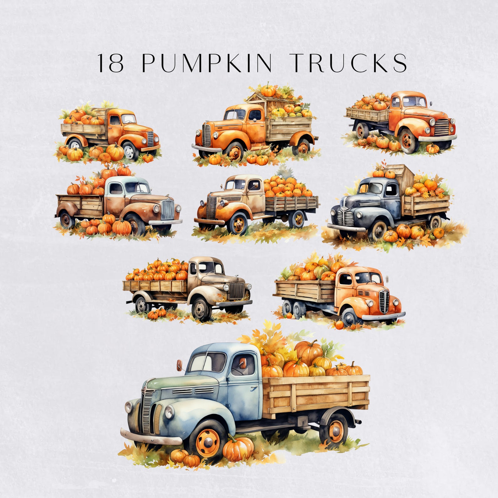 Pumpkin Pickup Truck Clipart, Watercolor Autumn Scene, Farm Life ...