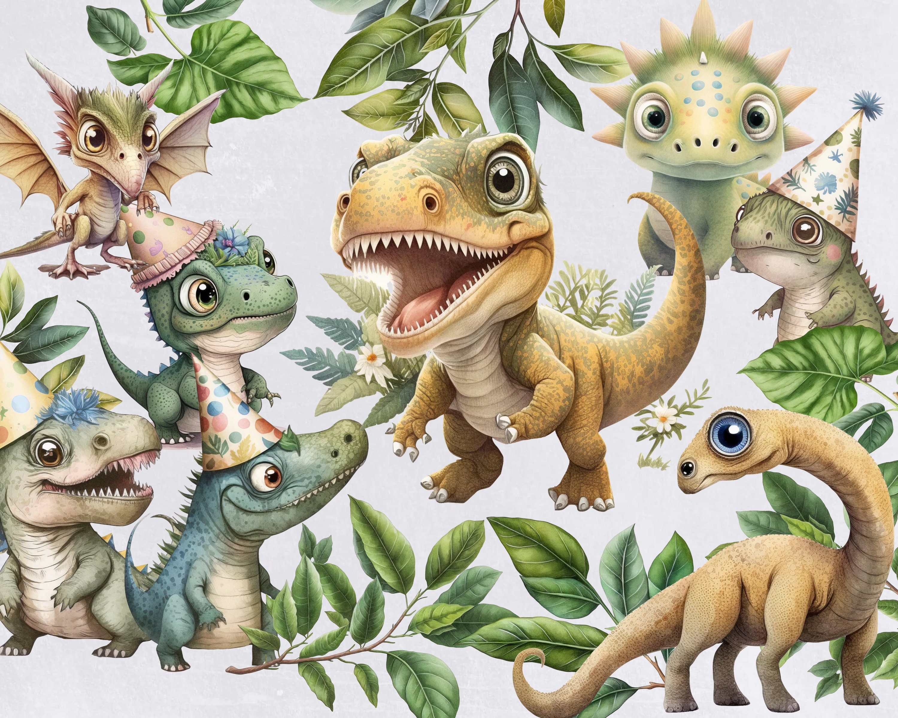 Watercolor Dinosaur Birthday Party Clipart Pack, Clipart for Commercial ...