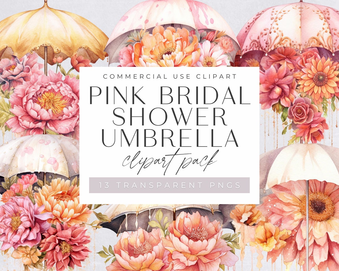 Pink Bridal Shower Umbrella Clipart Pack, Blush Floral Watercolor ...
