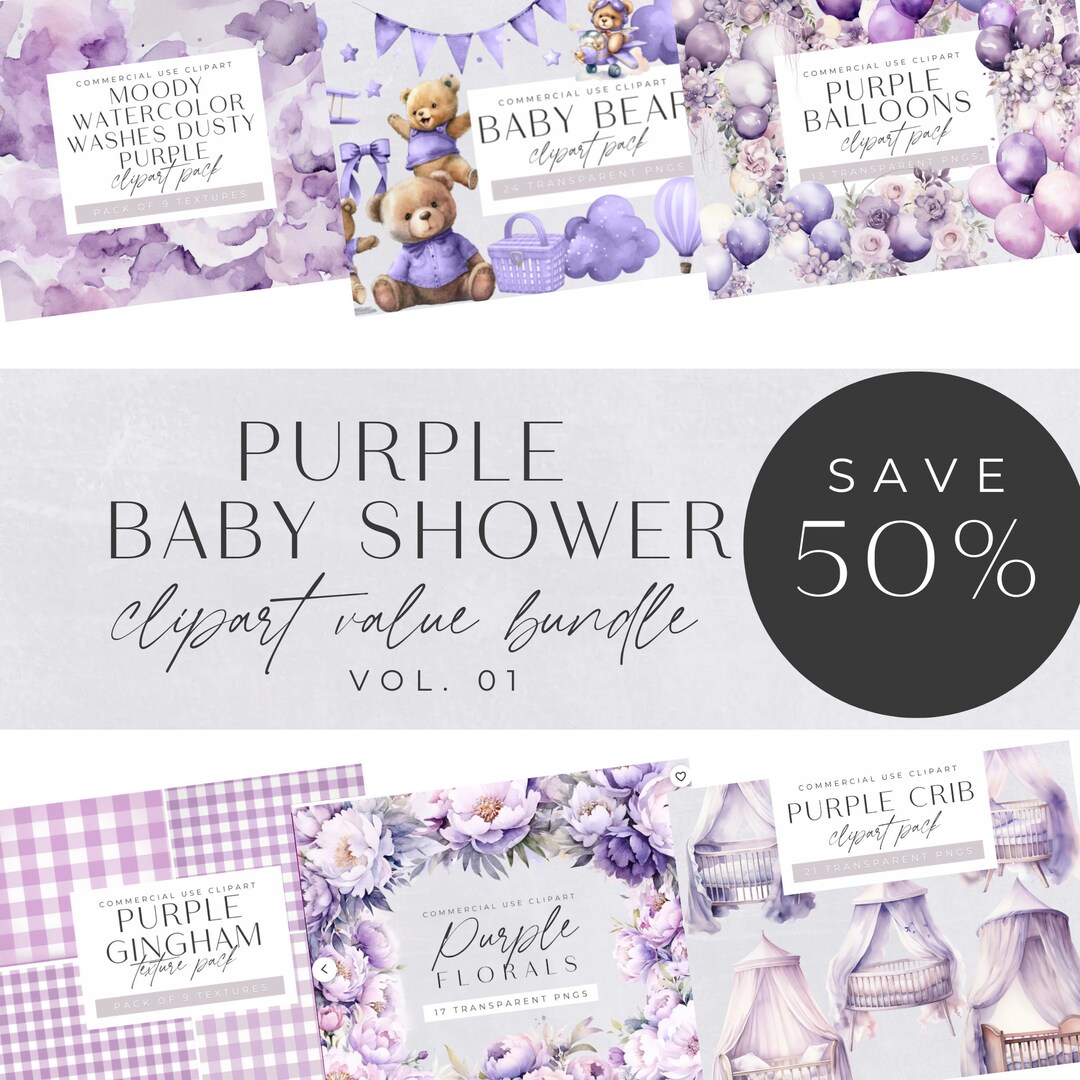 Purple Baby Shower Clipart Bundle, Flower Clip Art, Baby Teddy Bear and ...
