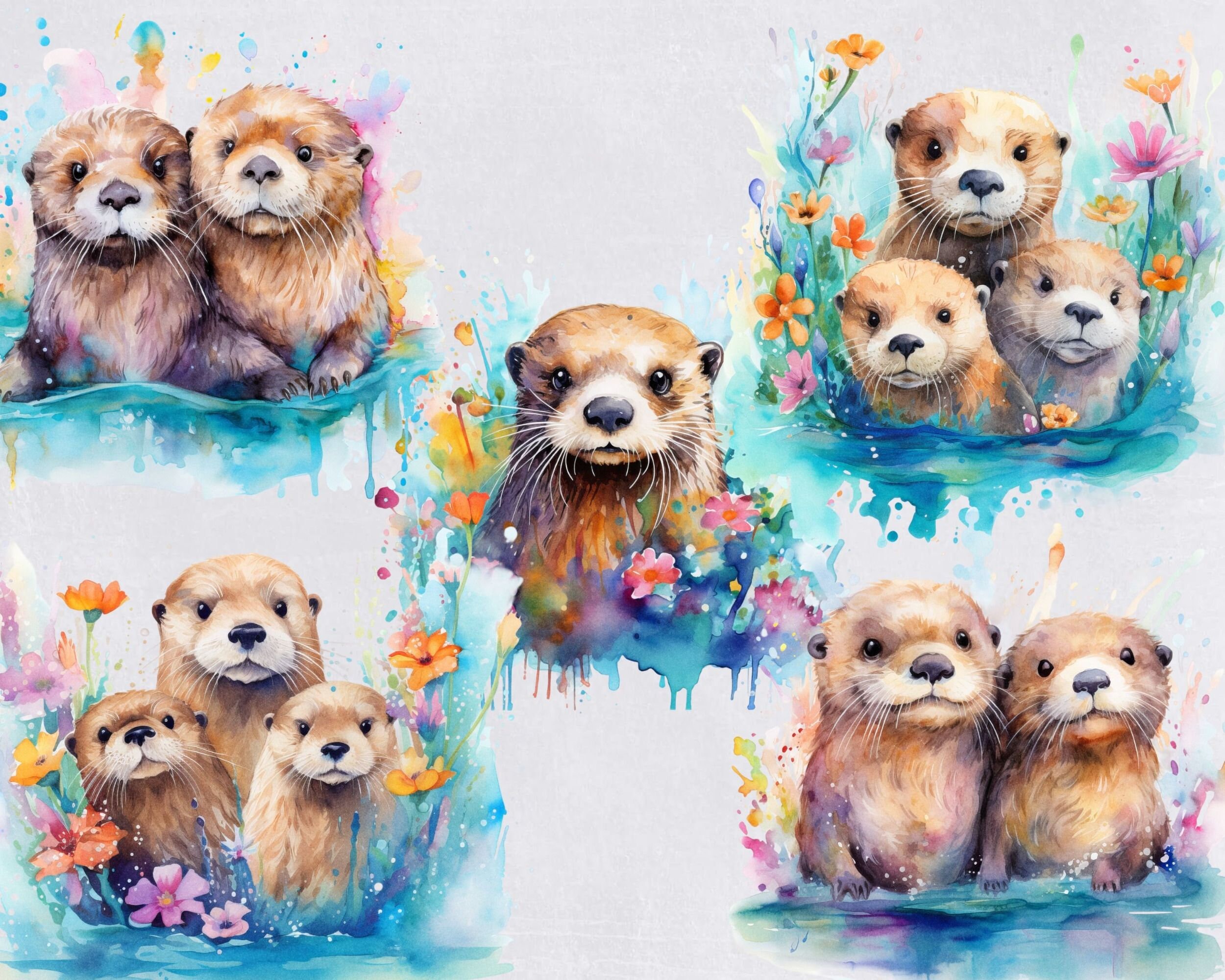 Otter Clipart, Kawaii Otters, Sea Creatures, Watercolor Illustrations ...