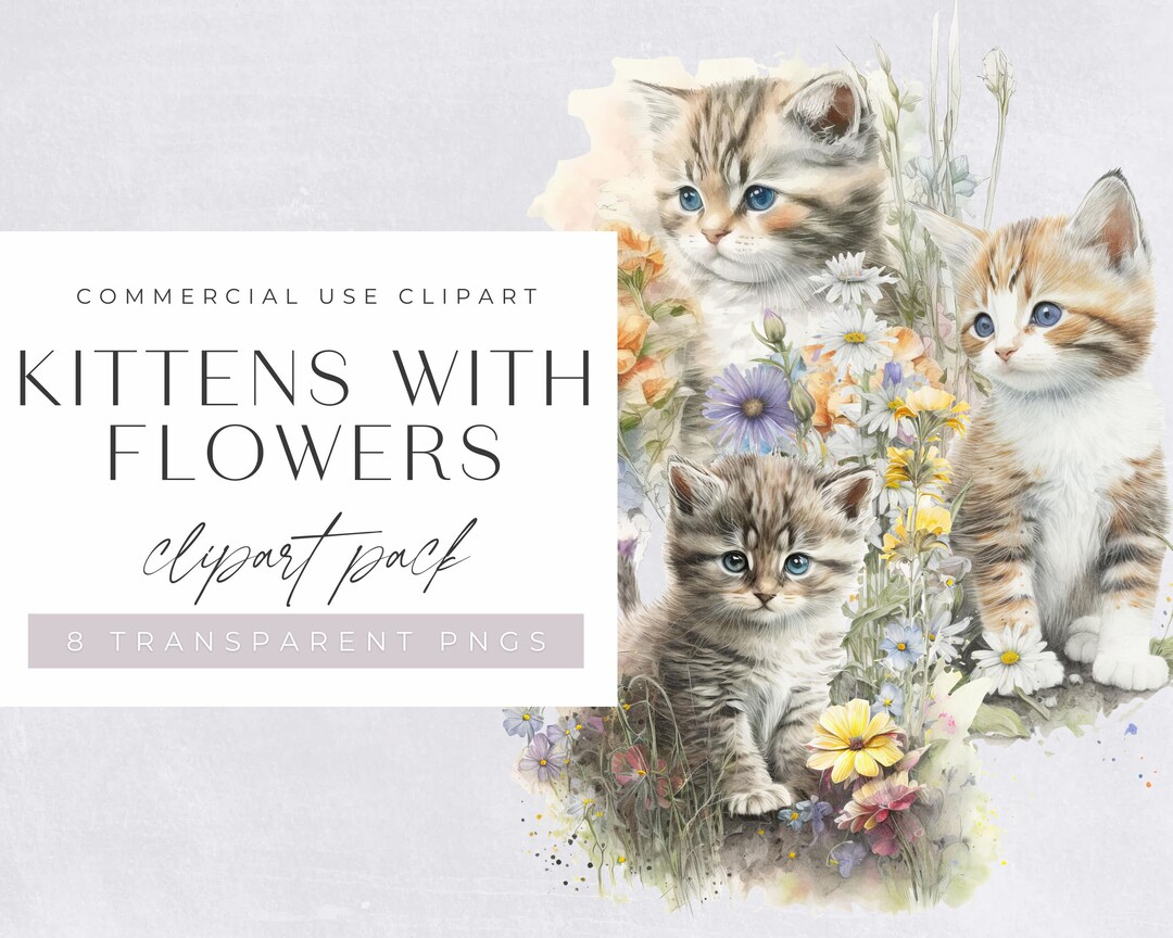 Kittens With Flowers Clipart Pack, Watercolor Cats & Florals, Clip Art ...