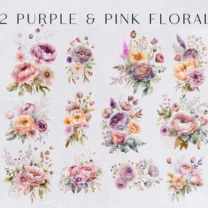 Purple and Pink Floral Clipart Pack, Lilac & Orange Watercolor Bouquet ...