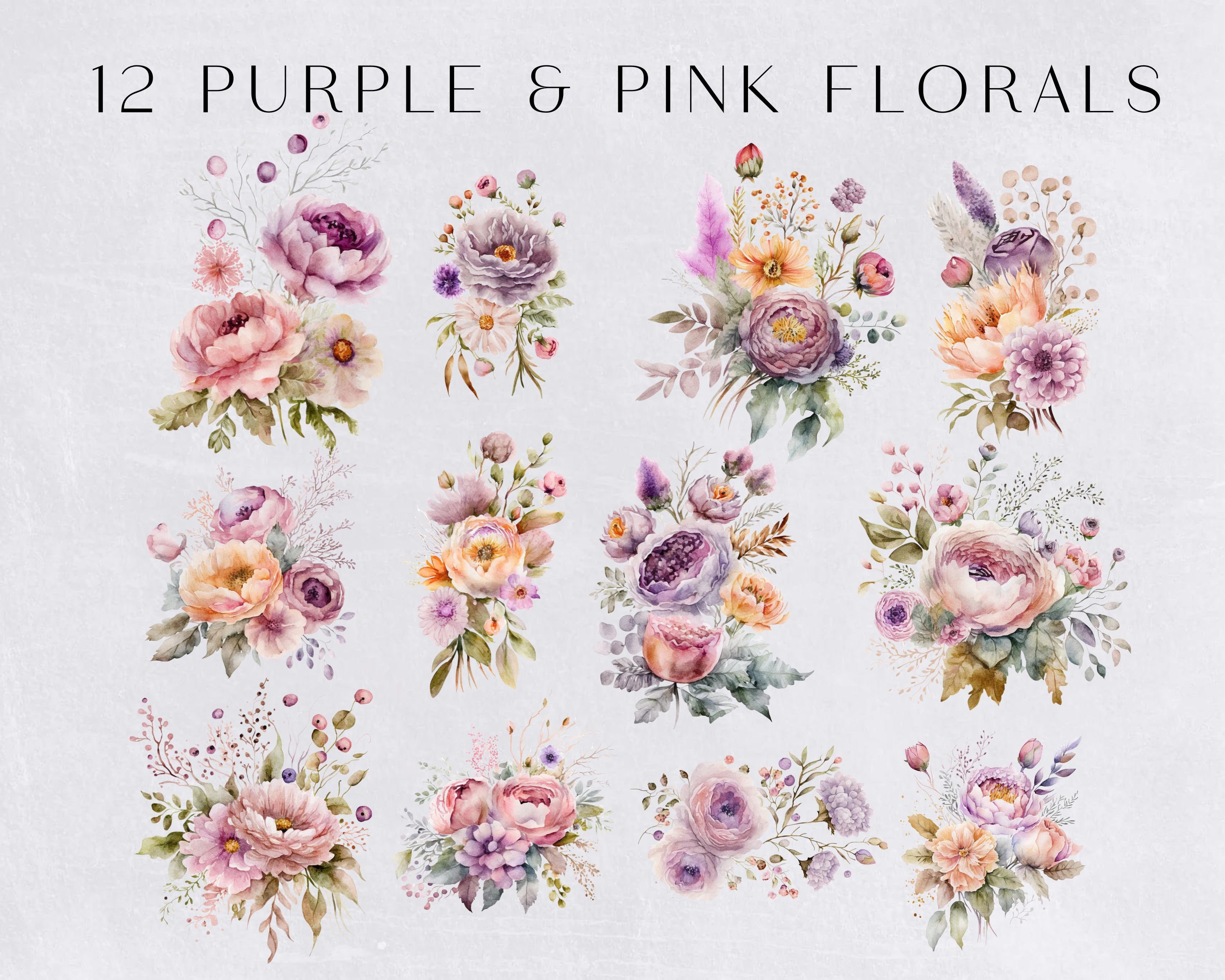 Purple and Pink Floral Clipart Pack, Lilac & Orange Watercolor Bouquet ...