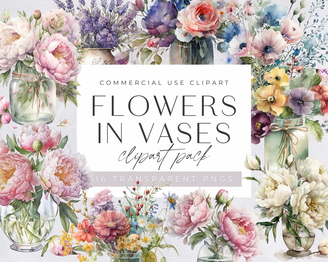 Watercolor Flowers in Vases Clipart Pack, Clipart for Commercial Use ...