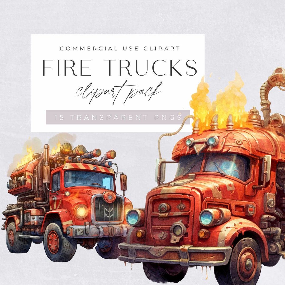 Fire Truck Clipart, Watercolor Firefighters Clip Art, Red Vintage ...