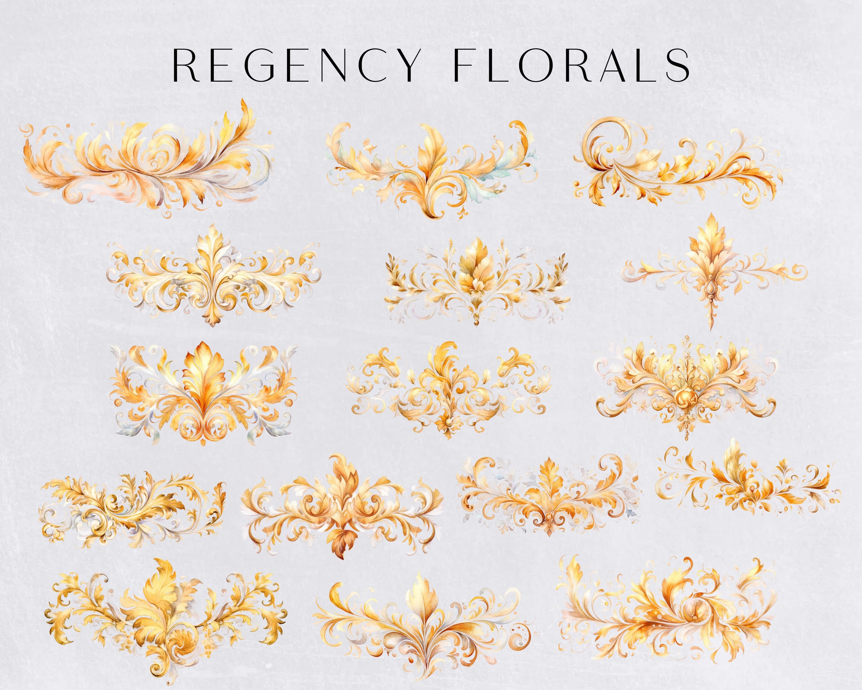 Regency Florals, Watercolor Clipart Pack, Gold Flourish Swirls, Clip ...