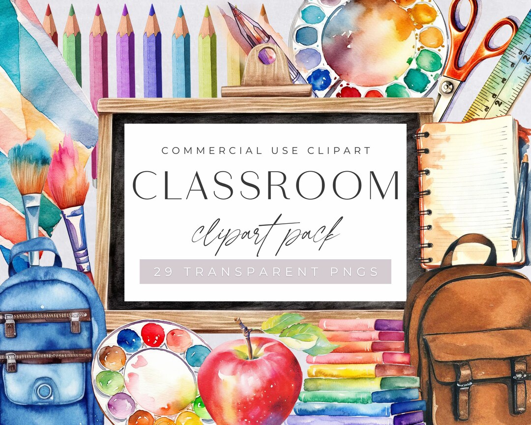 Classroom, Back to School Clipart, Watercolor Teacher Clip Art ...