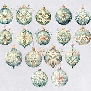 Pastel Christmas Ornaments Clipart, Blue and Gold Xmas Bauble, Green ...