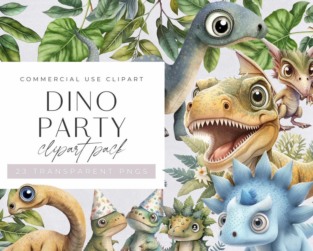 Watercolor Dinosaur Birthday Party Clipart Pack, Clipart for Commercial ...