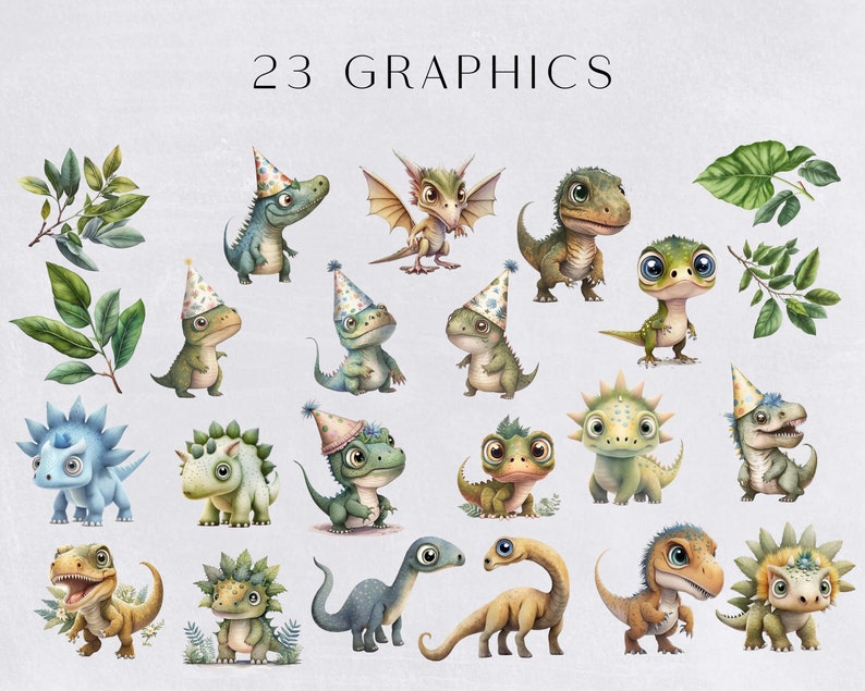 Watercolor Dinosaur Birthday Party Clipart Pack, Clipart for Commercial ...