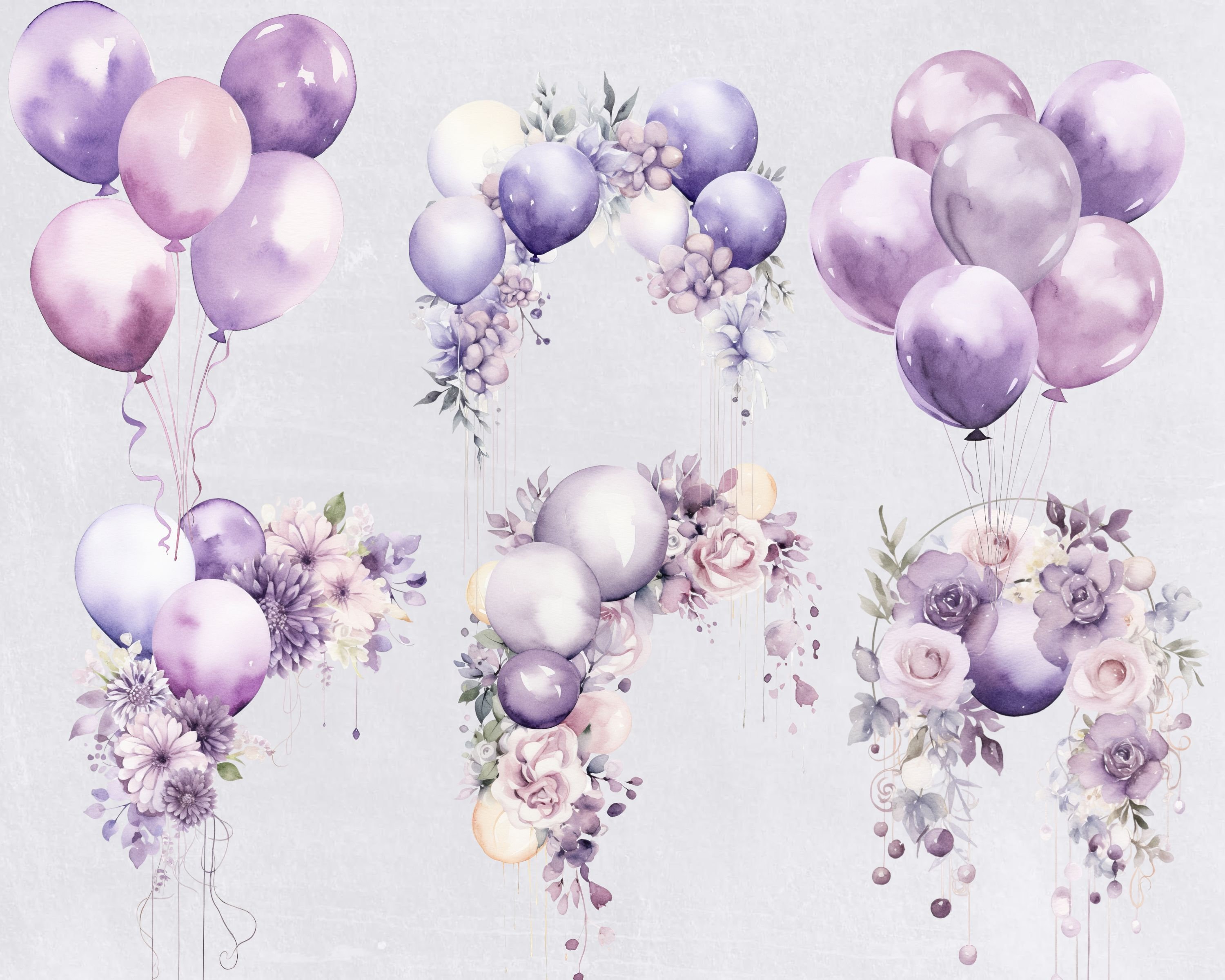 Purple Balloons Clipart, Birthday Party Decorations, Girl, Kids, Floral ...