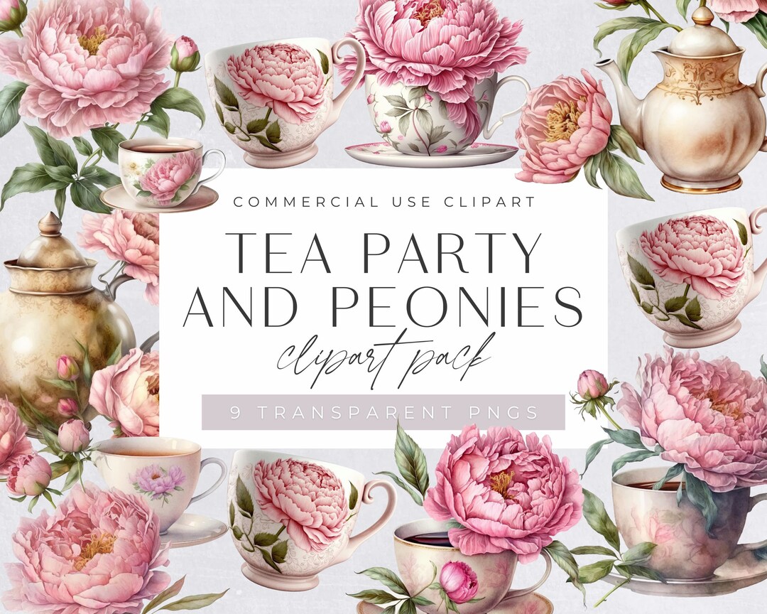 Garden Tea Party Clipart, Pink Peonies & Vintage Teacups, Flower Tea ...
