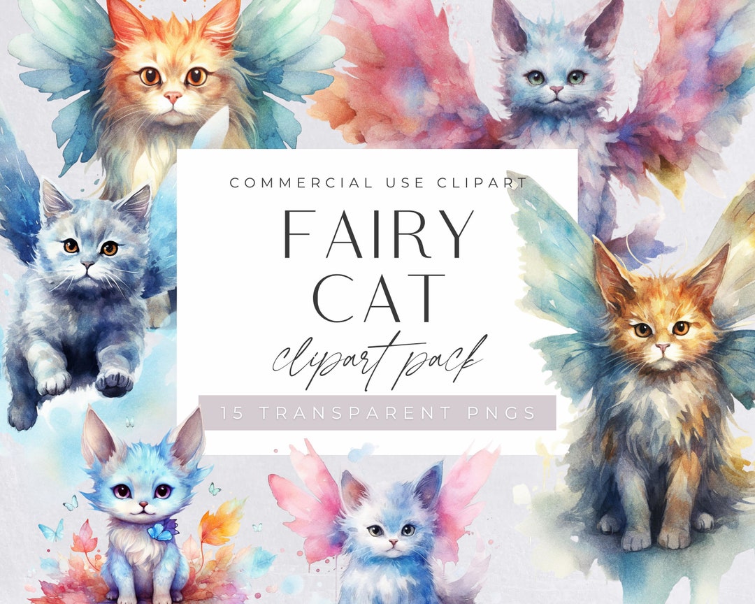 Fairy Cat Watercolor Clipart Pack, Flying Cat Clipart for Commercial ...