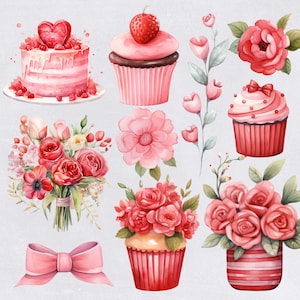 Valentines Treats Clipart, Watercolor Valentines Day Cake and Sweets ...
