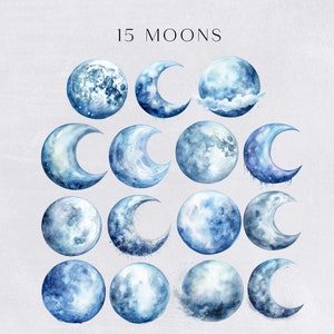 Over the Moon Clipart, Blue Watercolor Full & Half Moon Clip Art, Boy ...