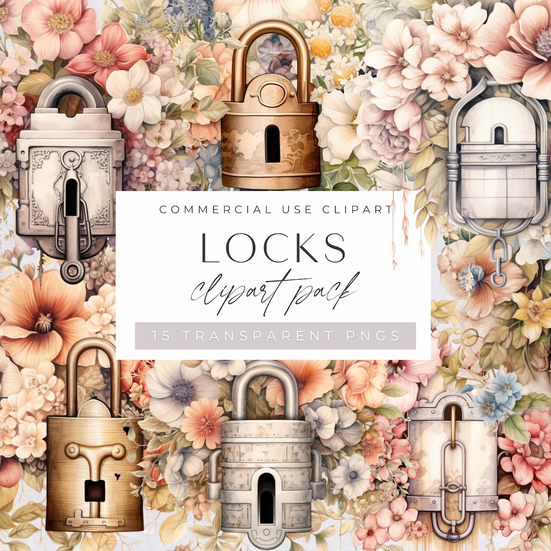 Lock and Keys Clipart, Floral Padlock Clip Art, Vintage Lock Graphics ...