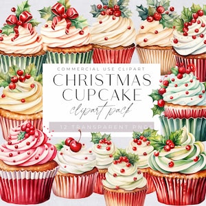 Christmas Cupcakes Clipart, Bakery Clipart, Watercolor Dessert, Festive ...