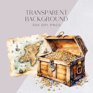 Watercolor Pirate Clipart, Birthday Party Clip Art, Treasure Chest and ...