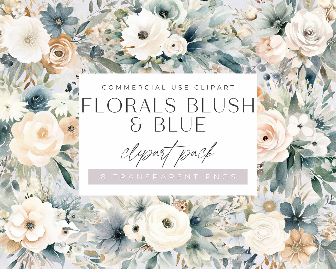 Florals Blush and Blue Clipart, Dusty Pink & Blue Watercolor Flowers ...