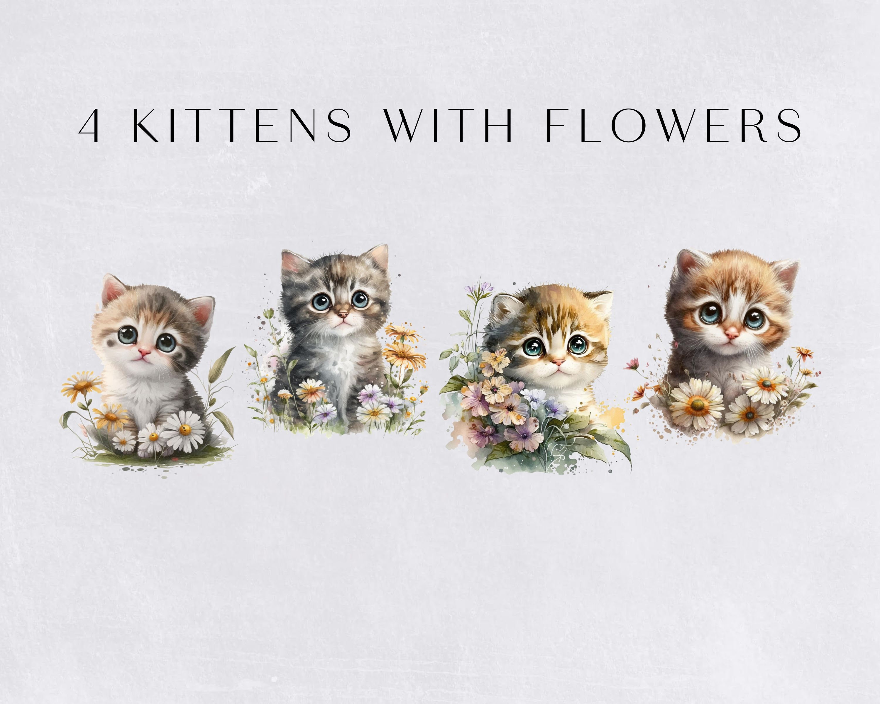 Kittens With Flowers Clipart Pack 2, Watercolor Cats & Florals, Clip ...