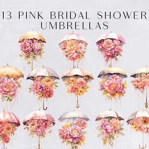 Pink Bridal Shower Umbrella Clipart Pack, Blush Floral Watercolor ...