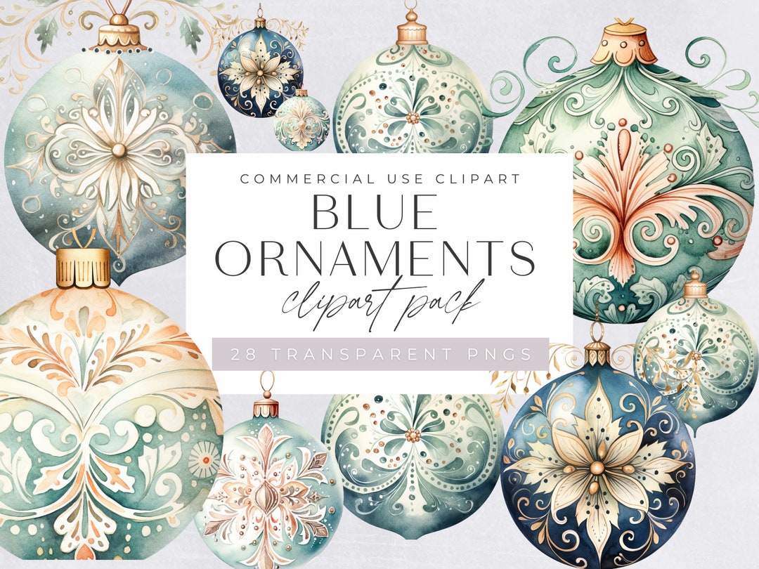 Pastel Christmas Ornaments Clipart, Blue and Gold Xmas Bauble, Green ...