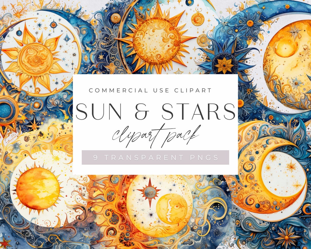 Celestial Moon Stars Clipart, Watercolor Zodiac, Magical, Cosmic, Navy ...