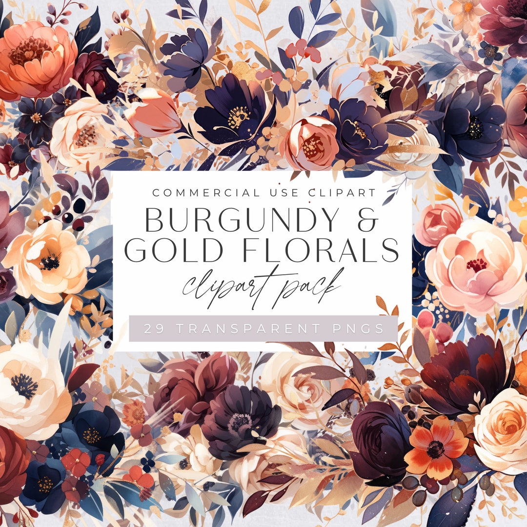 Burgundy and Gold Floral Png, Autumn Flowers Clipart, Fall Wedding ...