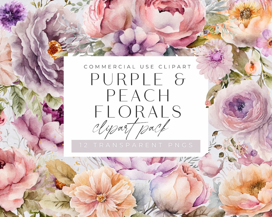 Purple and Pink Floral Clipart Pack, Lilac & Orange Watercolor Bouquet ...