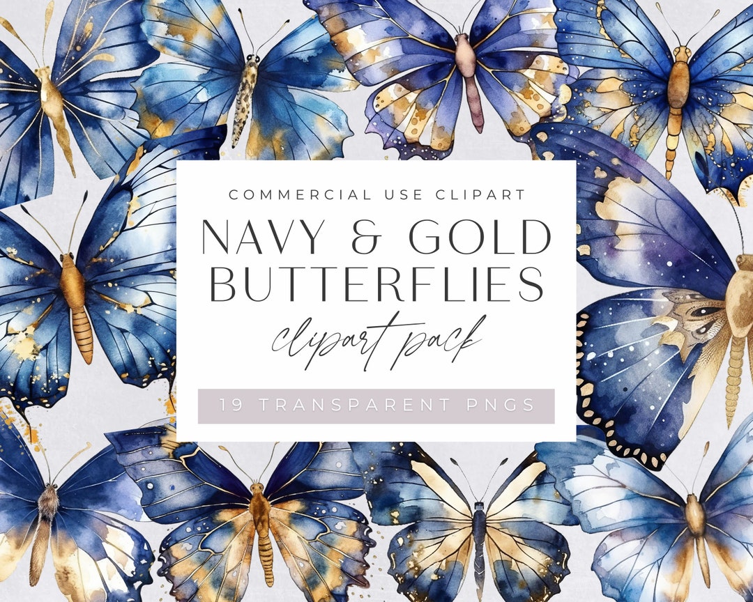 Navy Blue and Gold Butterflies Clipart Pack, Transparent Png Clipart ...