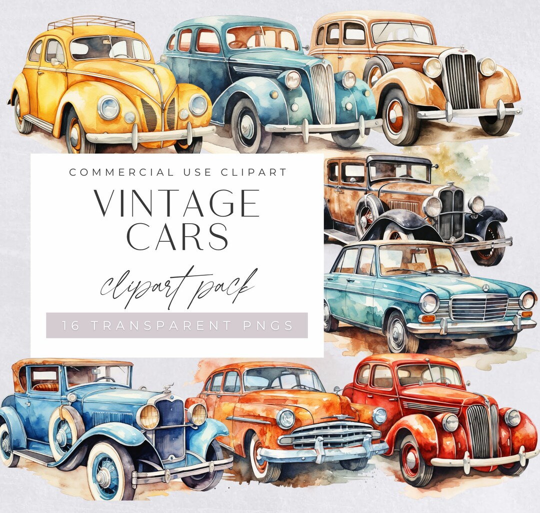 Vintage Cars Clipart, Retro Classic Car, Red, Orange, Blue, Brown, Old ...