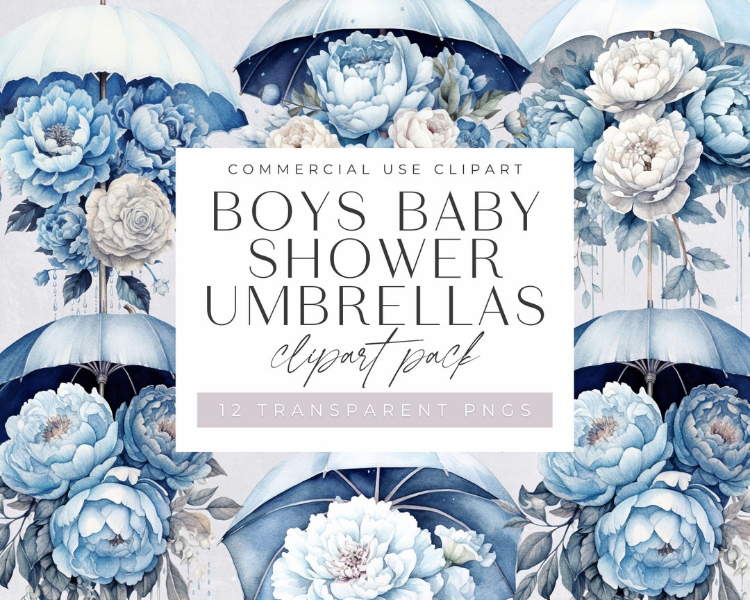 Boys Blue Baby Shower Umbrella Clipart Pack, Dusty Blue Floral ...
