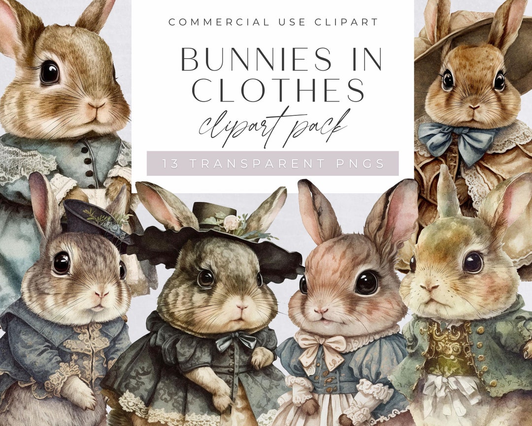 Watercolor Bunnies in Clothes Clipart Pack, Bunny Clipart for ...