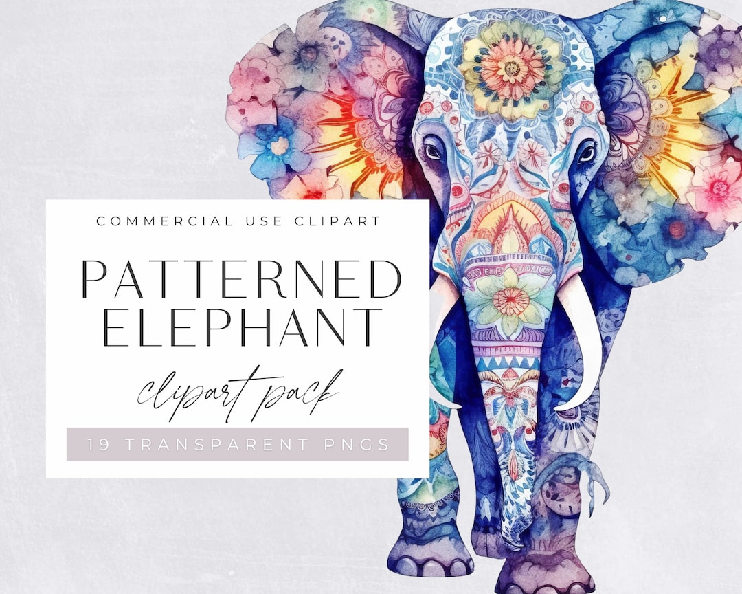Elephant Watercolor Clip Art, Patterned, for Commercial Use ...