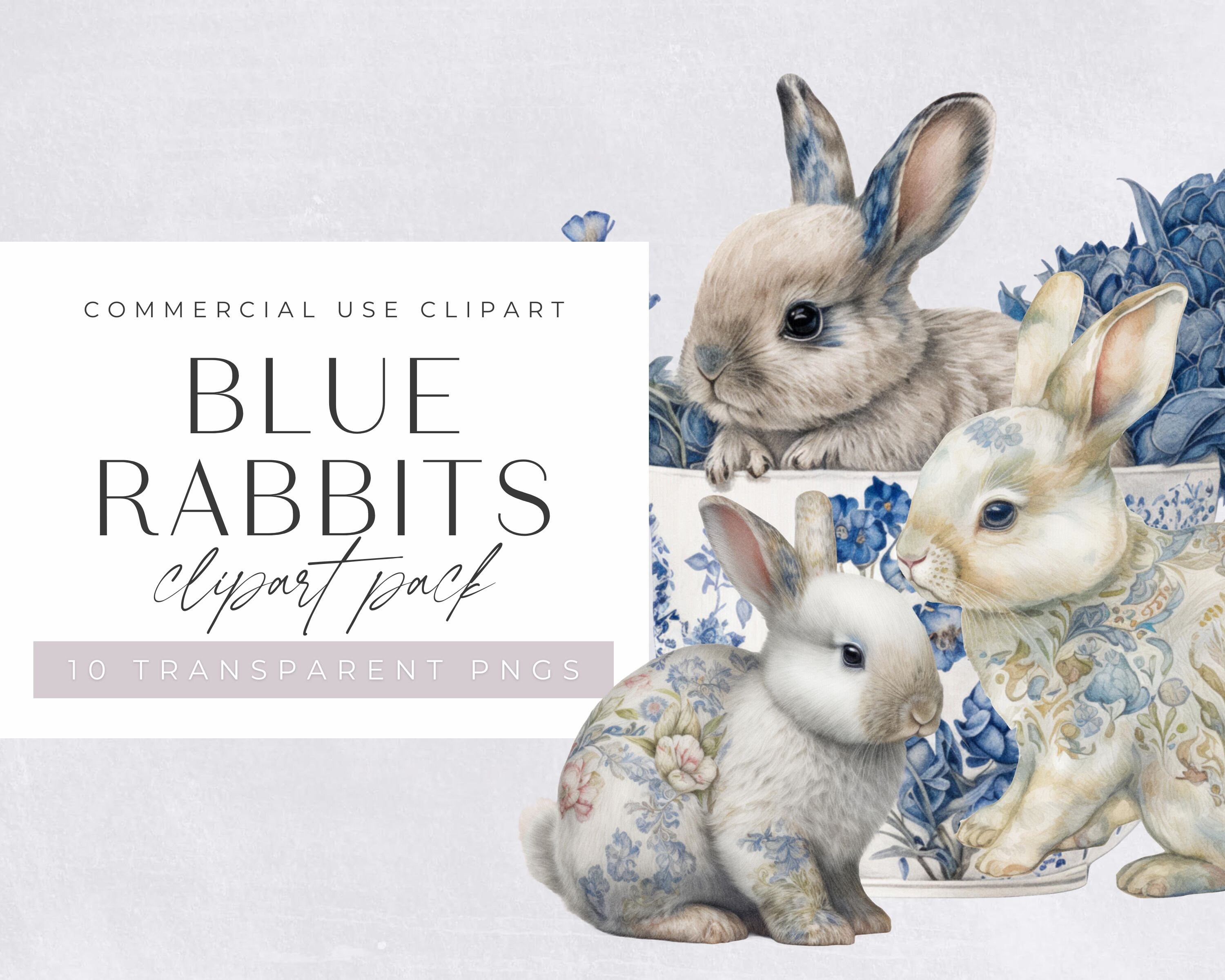 Blue Decorative Bunny Clipart Pack, Clipart for Commercial Use ...