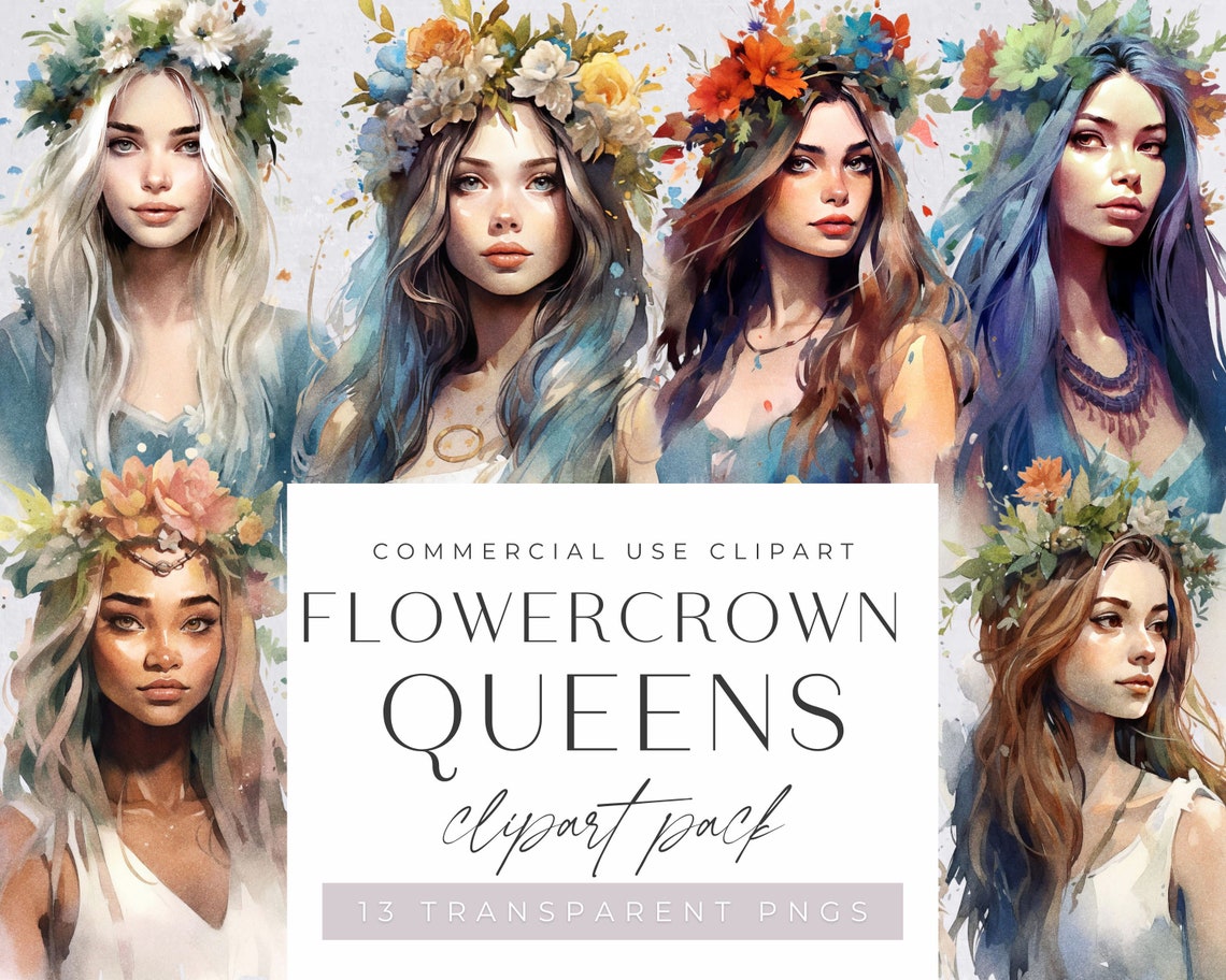 Flowercrown Queens Watercolor, Women With Flowers in Her Hair, Girl ...