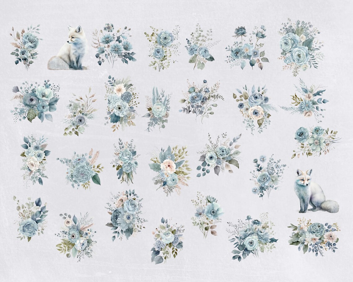 Winter Floral Watercolor Clipart Pack, Blue Elegant Flowers, Clipart ...