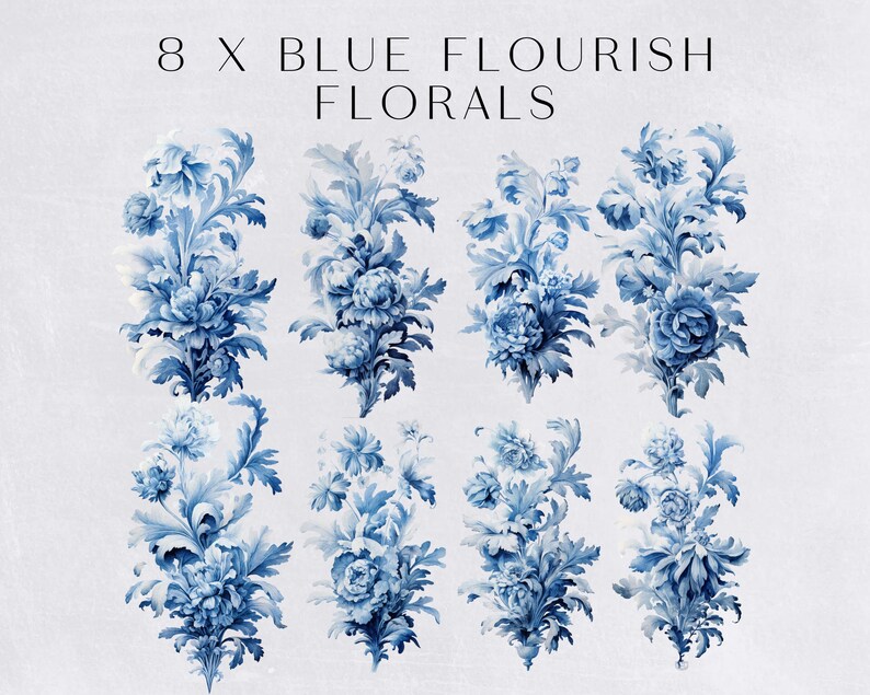 Blue Flourish Florals, Watercolor Clipart Pack, Clip Art for Commercial ...