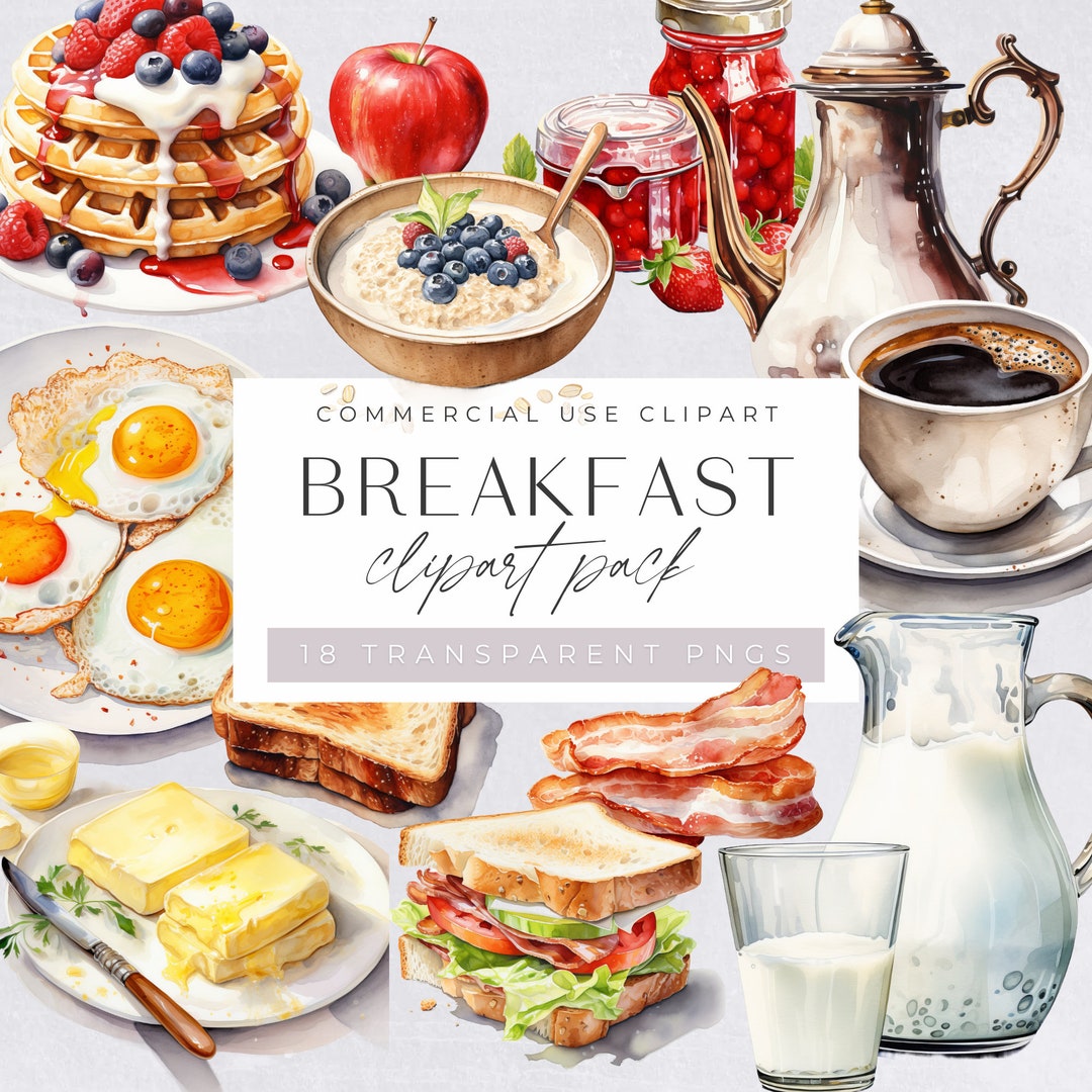 Watercolor Breakfast Foods Clipart, Bacon and Egg Clip Art, Pancakes ...