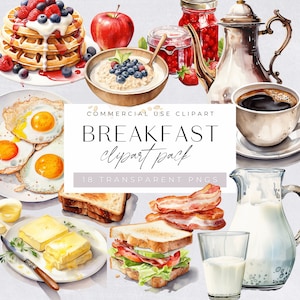 Watercolor Breakfast Foods Clipart, Bacon and Egg Clip Art, Pancakes ...